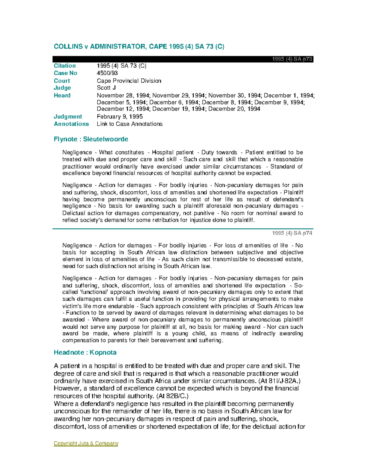 Collins v Administrator Cape 1995 - COLLINS v ADMINISTRATOR, CAPE 1995 (4) SA 73 (C) 1995 (4) SA ...