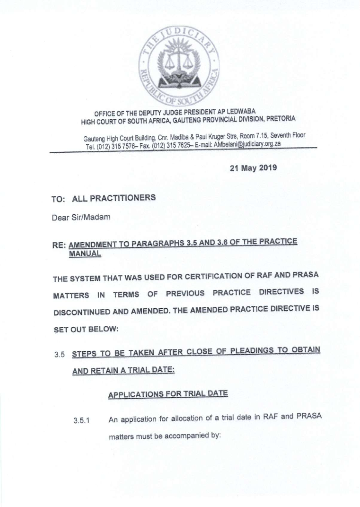 Amended Practice Directive 21 05 2019 - HOMELAND SECURITY OFFICE OF THE DEPUTY JUDGE PRESIDENT ...