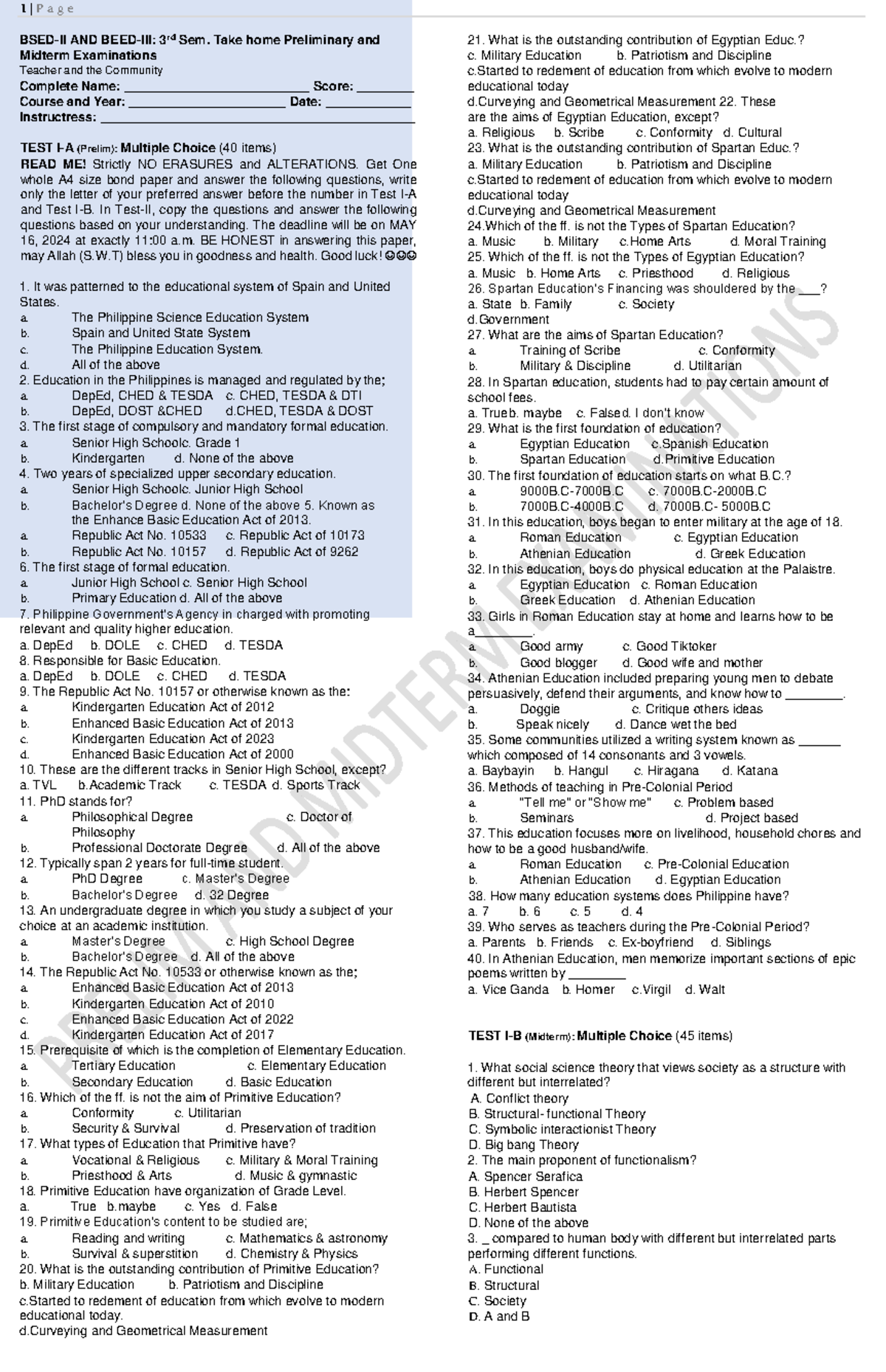 TAKE HOME Preliminary AND Midterm EXAM IN BEED and BSED 053445 - 1 | P a g e BSED-II AND BEED ...