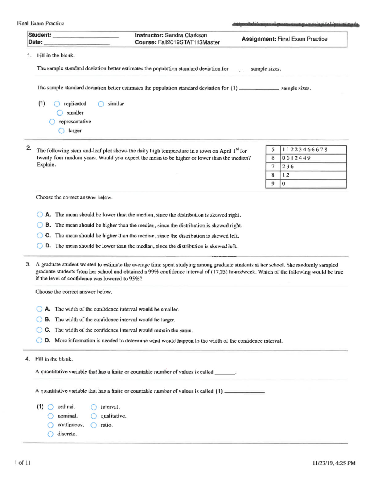 Final Review practice questions (4) - STAT 113 - Studocu