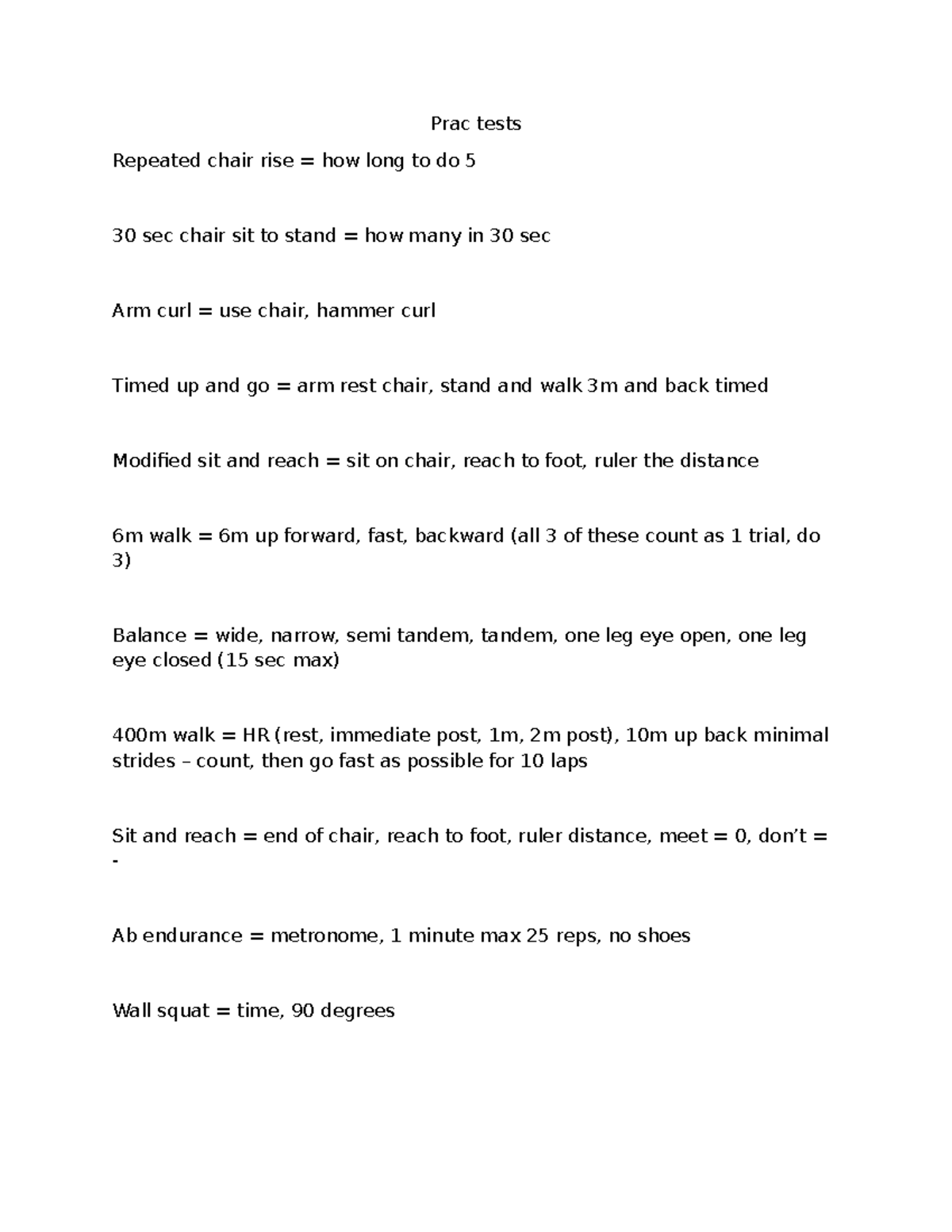 Prac tests - Prac test - Prac tests Repeated chair rise = how long to ...