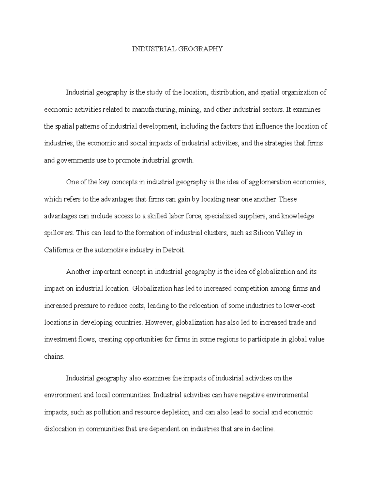 Industrial Geography essay - INDUSTRIAL GEOGRAPHY Industrial geography ...