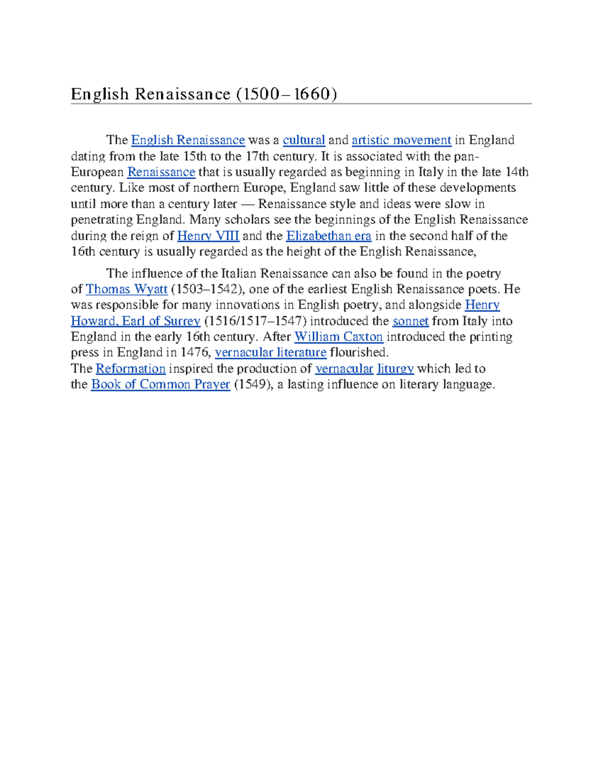 English Renaissance - its lecture notes - En glish Ren aissan ce (150 0 ...