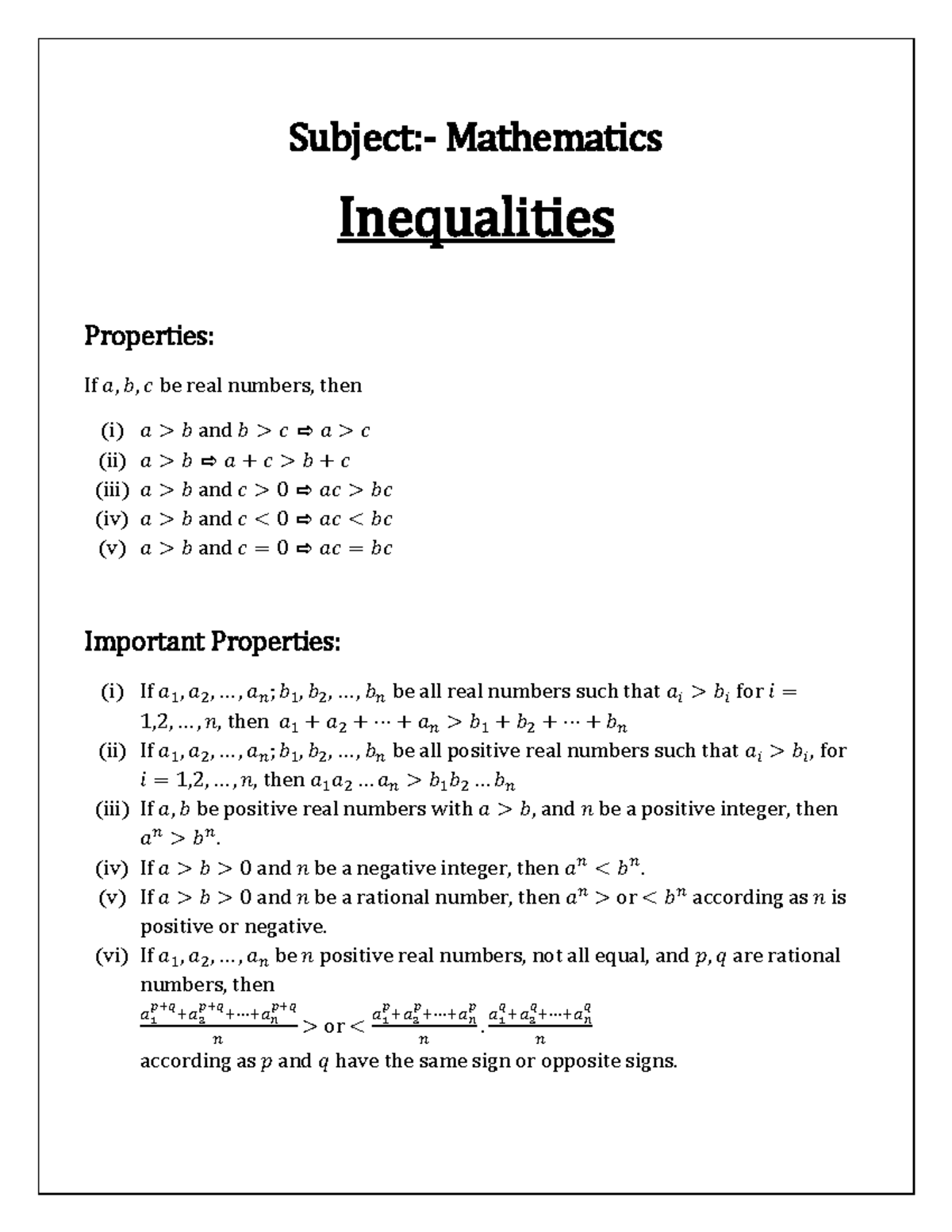 Inequalities - A detailed note for mathematics students. - Subject ...