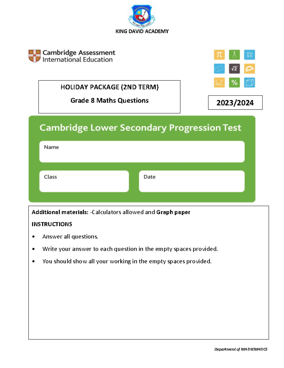 G8 Holiday Package Maths - KING DAVID ACADEMY HOLIDAY PACKAGE (2ND TERM ...
