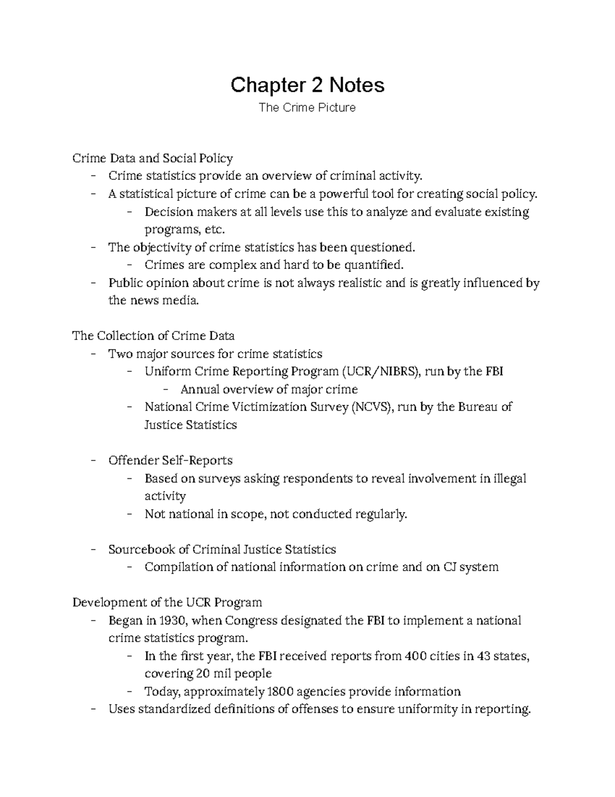 Chapter 2 Notes - Chapter 2 Notes The Crime Picture Crime Data and ...