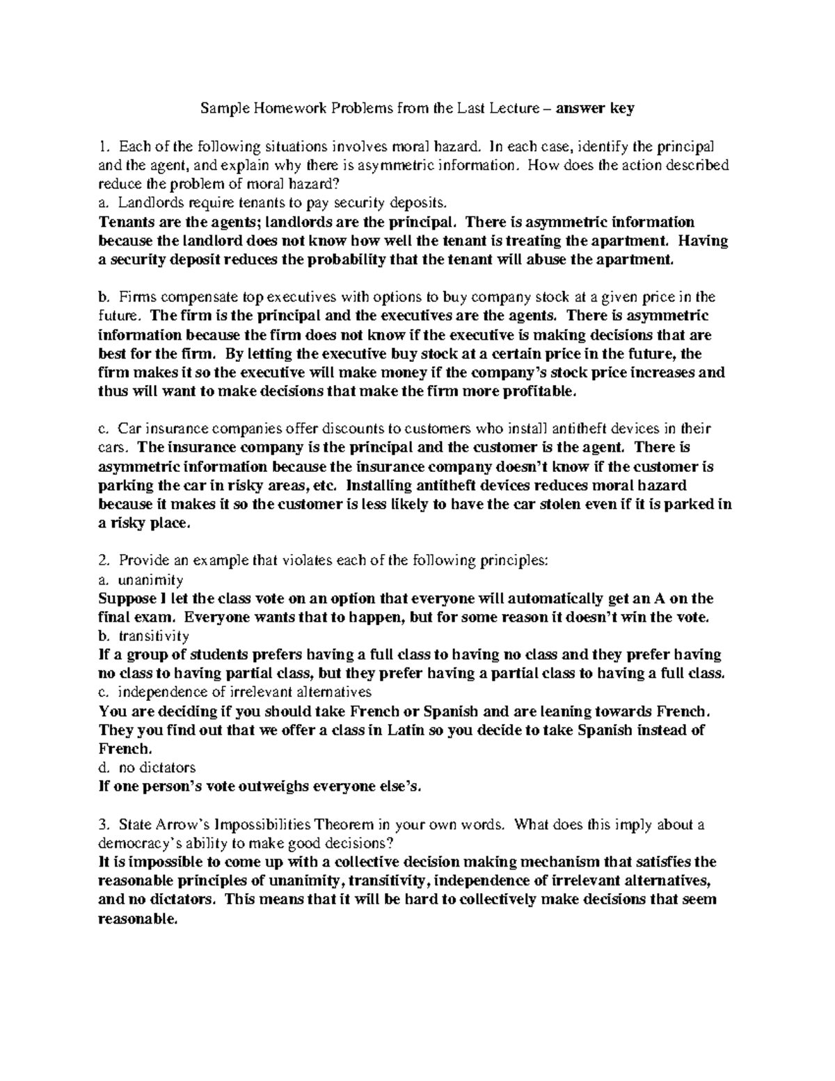 Sample Homework Problems from the Last Lecture answer key - In each ...