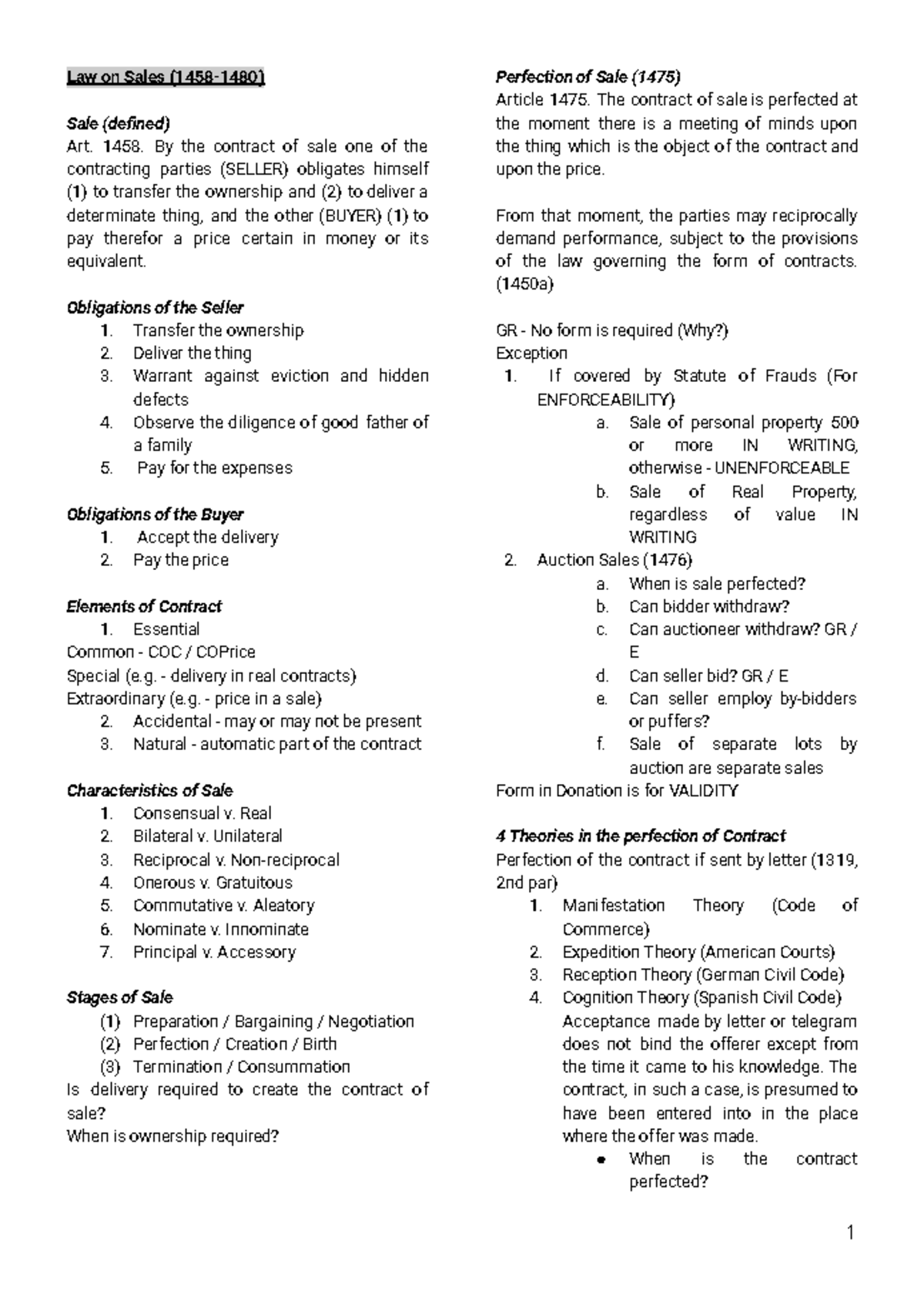 Sales Complete Notes - Law on Sales (1458-1480) Sale (defined) Art ...