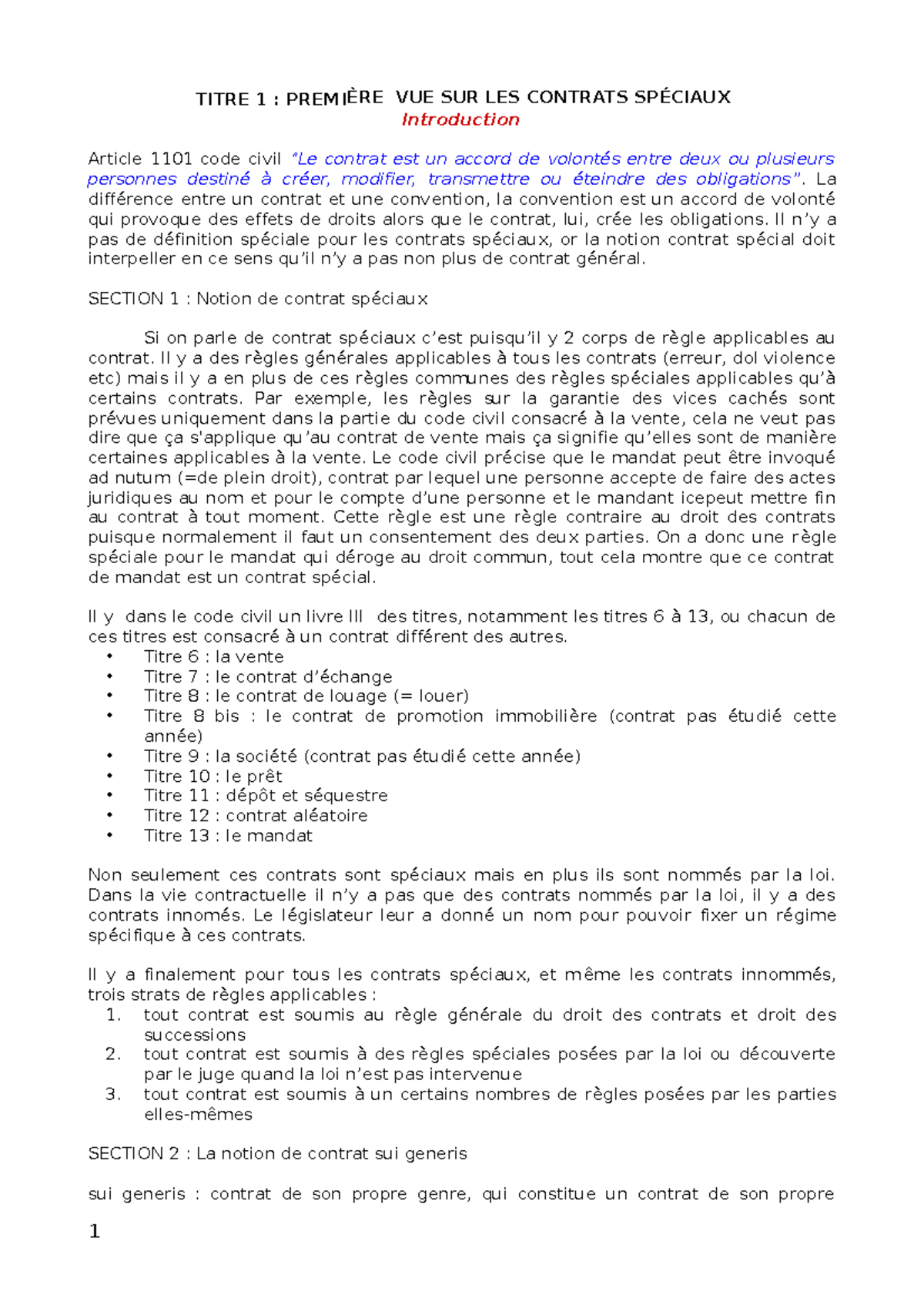 Contrats spéciaux - Cours entier - TITRE 1 : PREMIÈRE VUE SUR LES ...