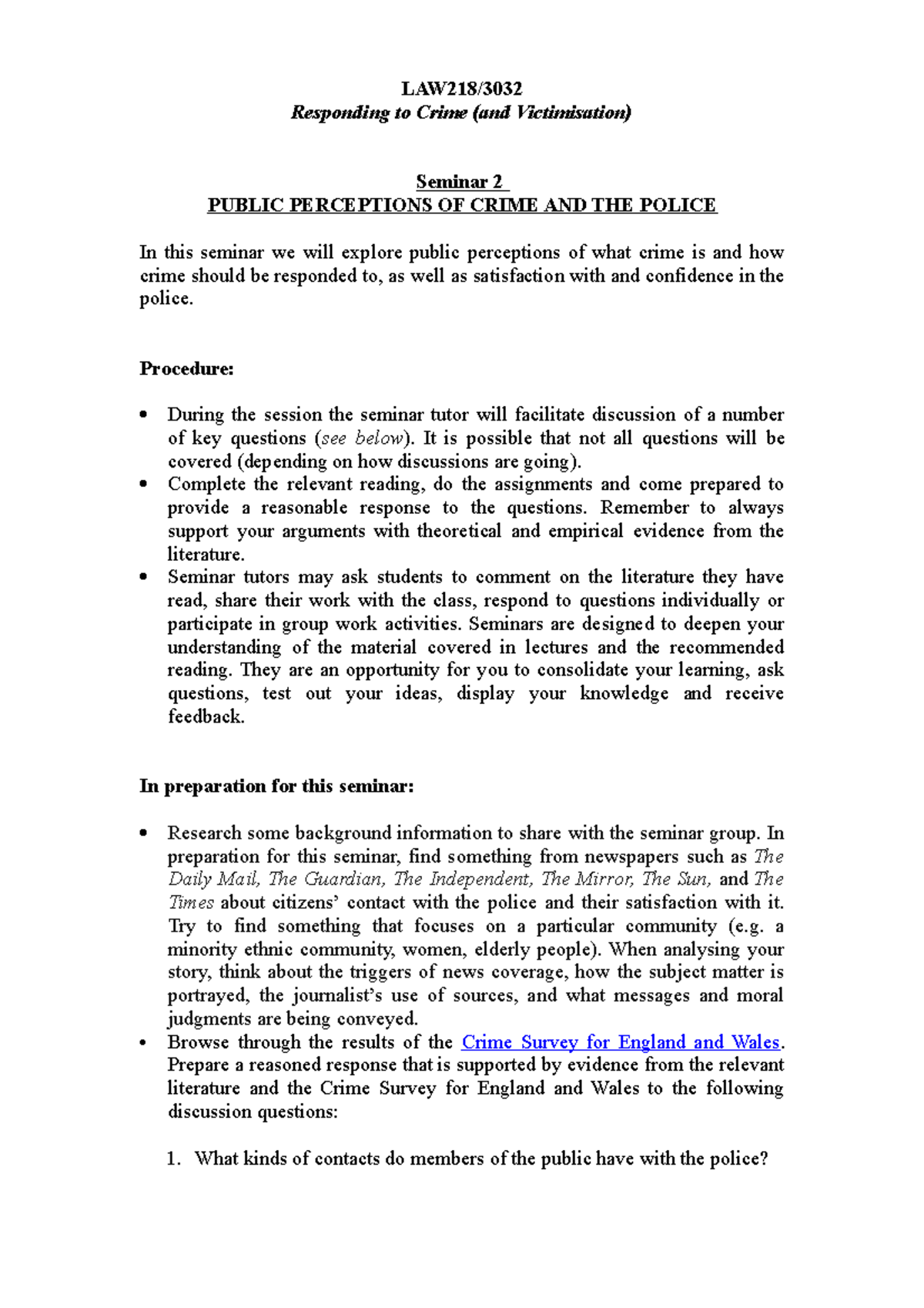Seminar 2 - Public Perceptions of Crime and the Police - Responding to ...