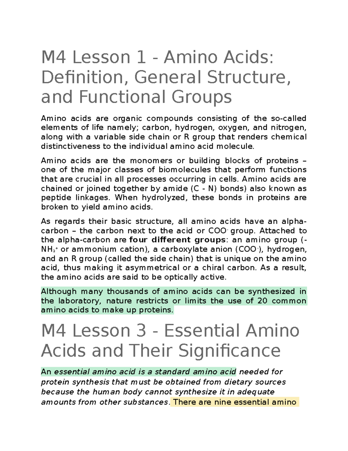 BIOCHEMISTRY LEC - M4 Lesson 1 - Amino Acids: Definition, General ...
