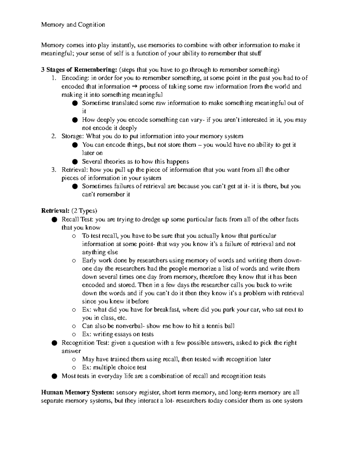 Lecture 1 test 3 - Memory and Cognition Memory comes into play ...