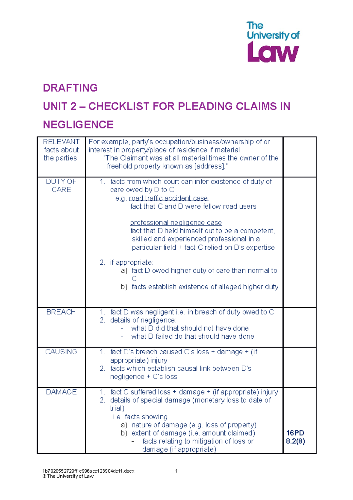 NEG Checklist - DRAFTING UNIT 2 – CHECKLIST FOR PLEADING CLAIMS IN ...