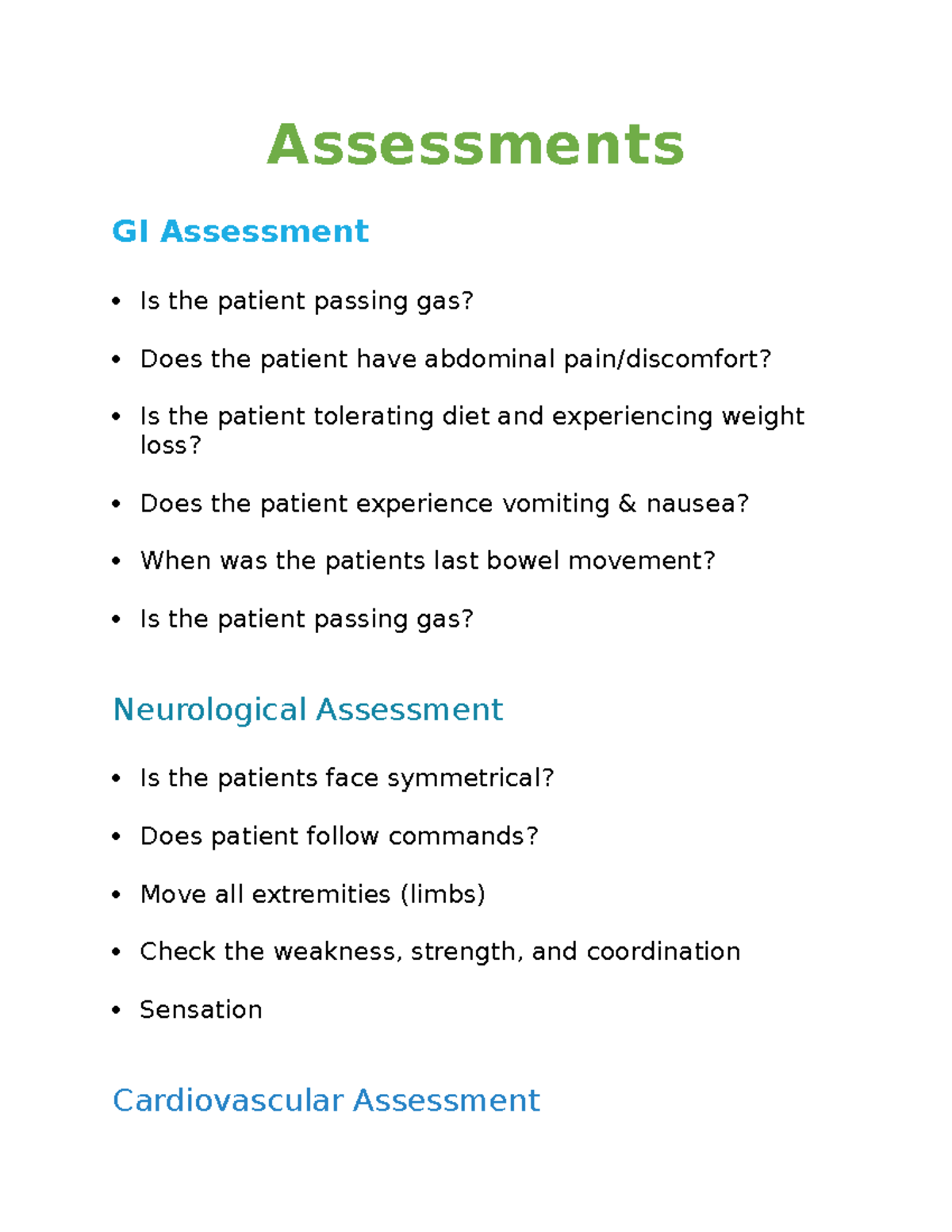 Assessments - Assessments GI Assessment Is the patient passing gas ...