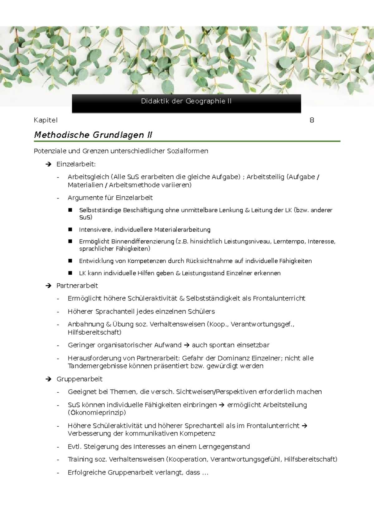 Didaktik der Geographie II Kapitel 8 - Kapitel 8 Methodische Grundlagen ...