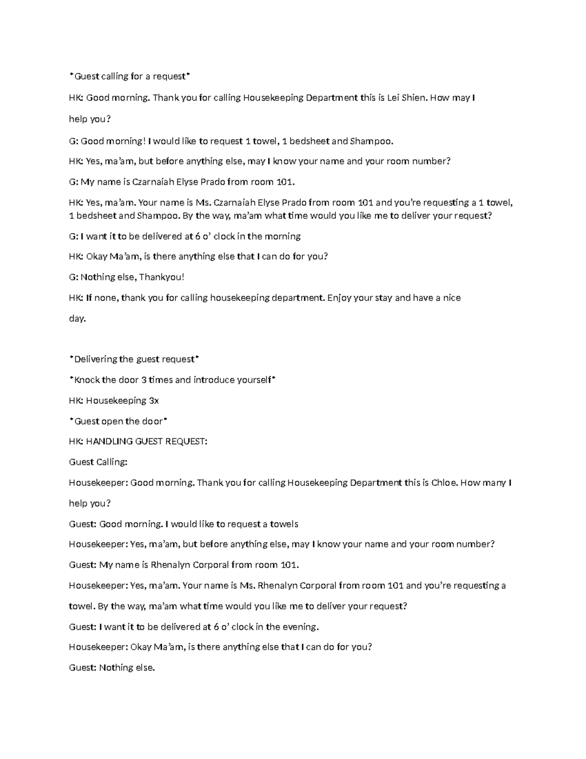 Guest Request Sample Script - Guest calling for a request HK: Good ...