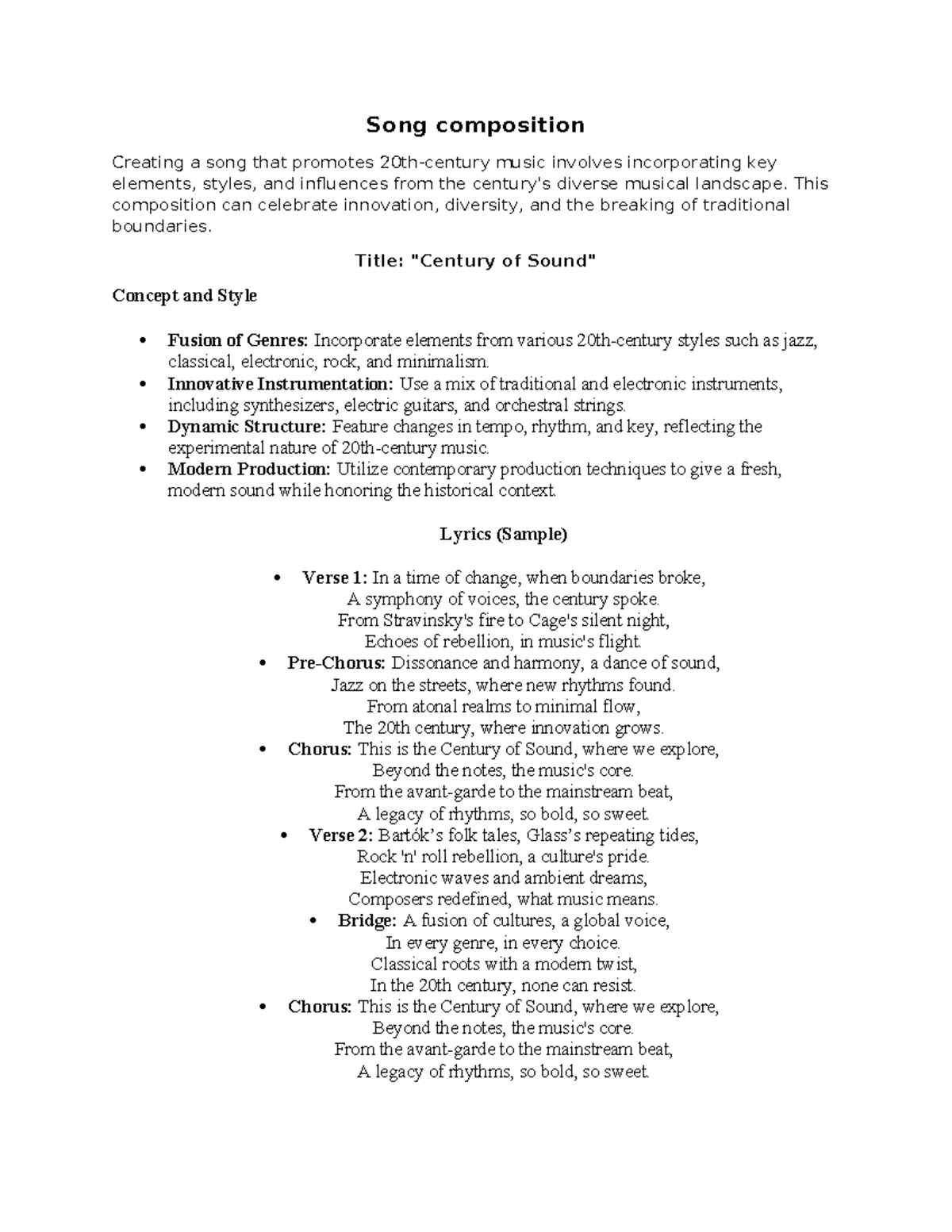 Creating a song that promotes 20th Century Music - Song composition ...