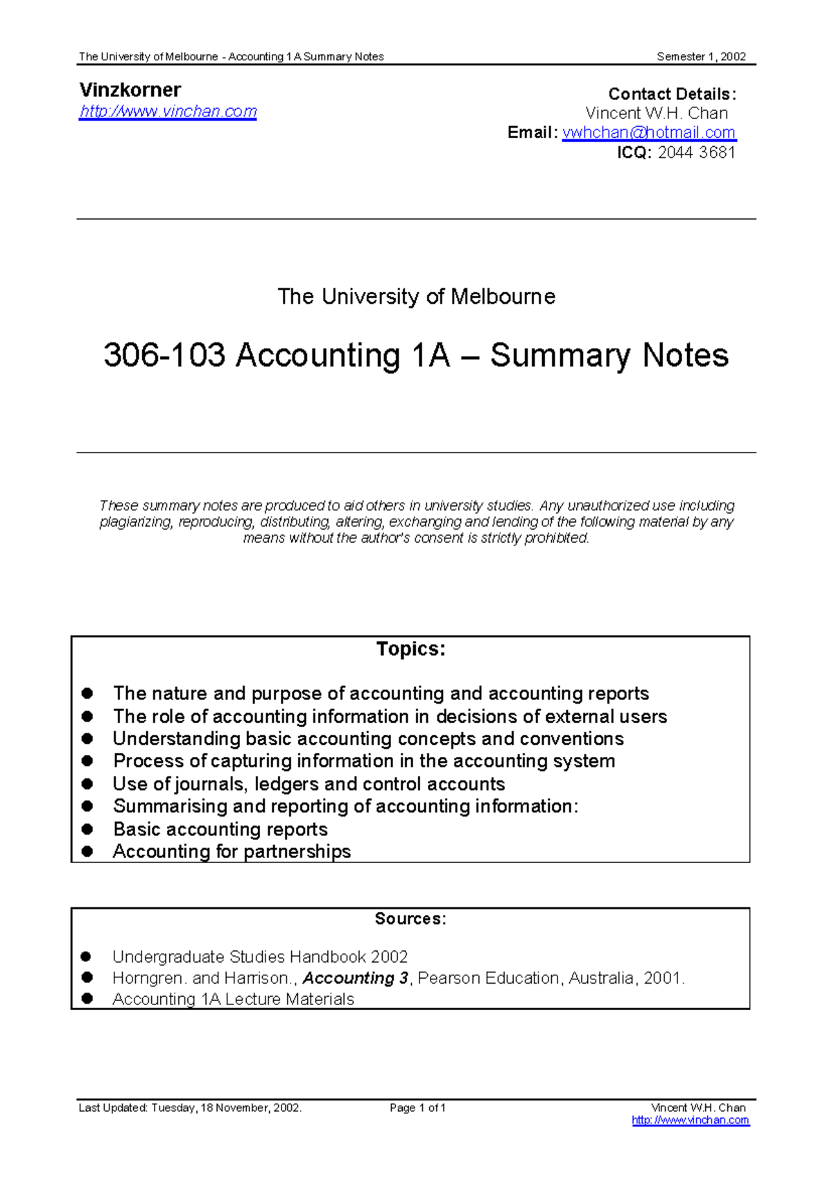 Accounting 1a summary notes - Last Updated: Tuesday, 18 November, 2002 ...
