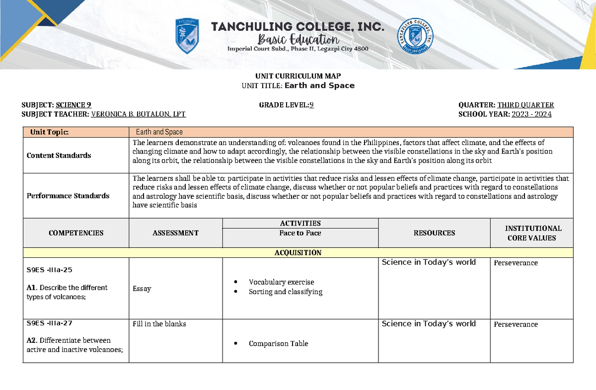 3Q CM Science 9 - UNIT CURRICULUM MAP UNIT TITLE: Earth and Space ...