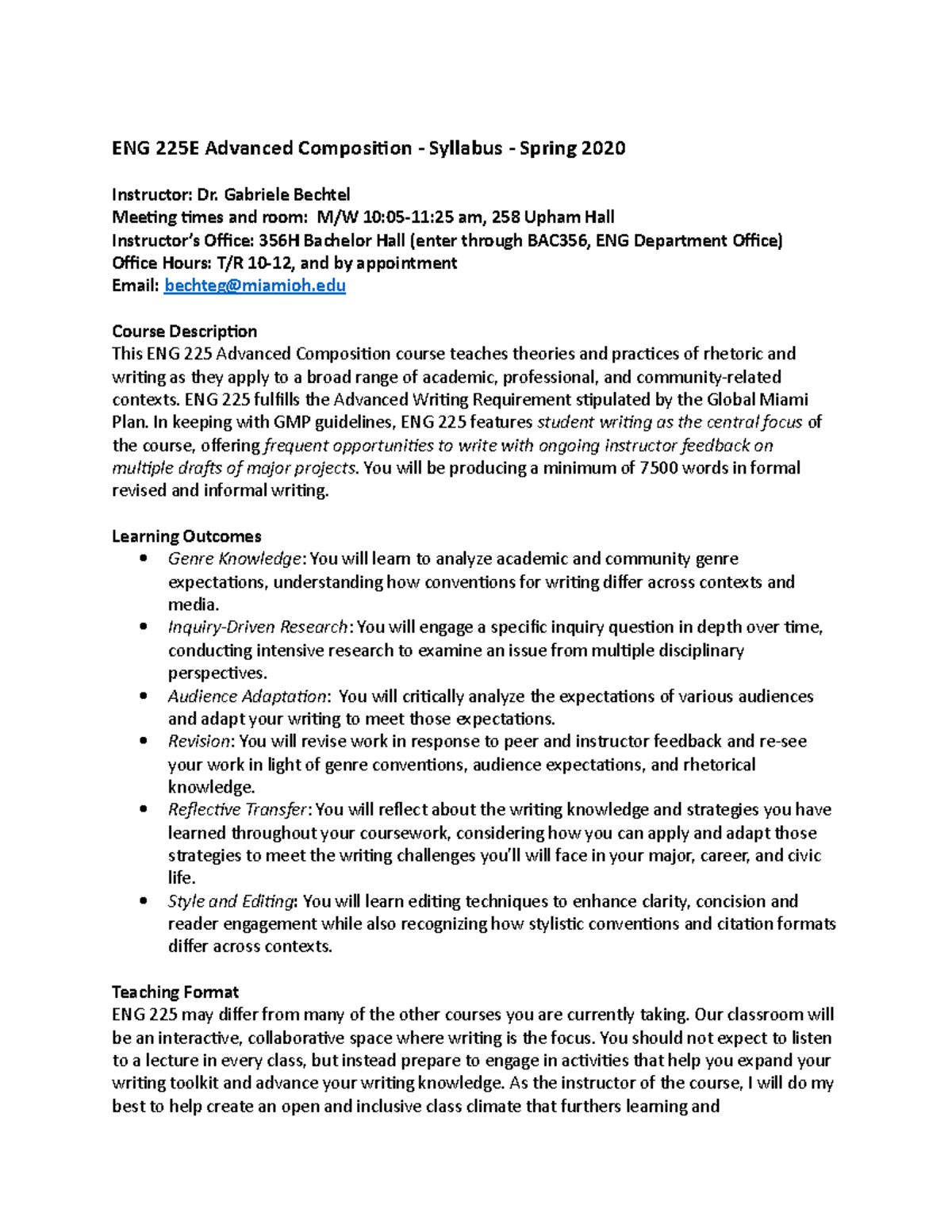 Syllabus for spring 2020 - ENG 225E Advanced Composition - Syllabus ...