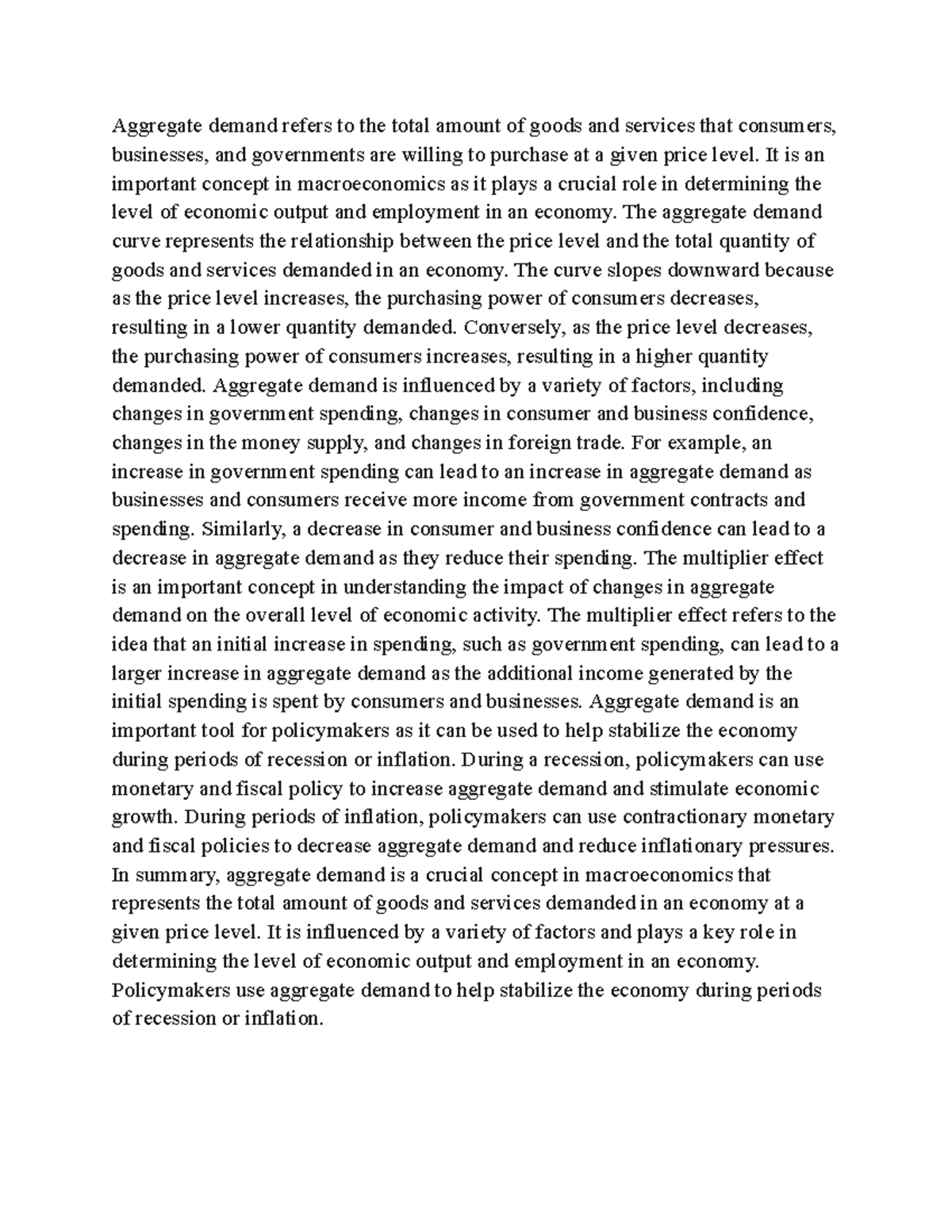 AP Macroecnomics Notes aggregate demand - Aggregate demand refers to ...