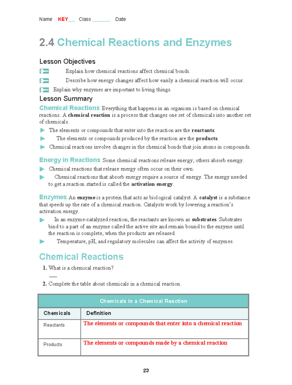 Enzyme WS Answer KEY - want to do better - Name KEY Class Date 2 ...