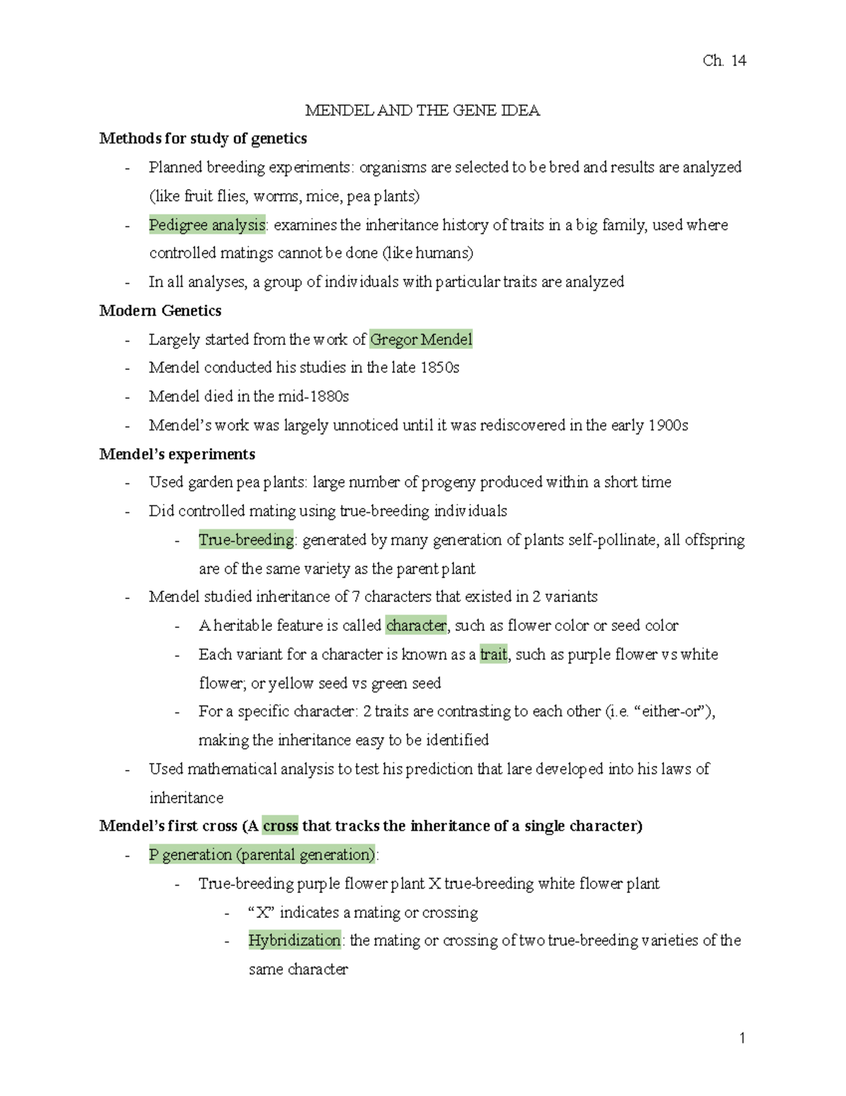 Chapter 14 - notes about the cell - MENDEL AND THE GENE IDEA Methods ...