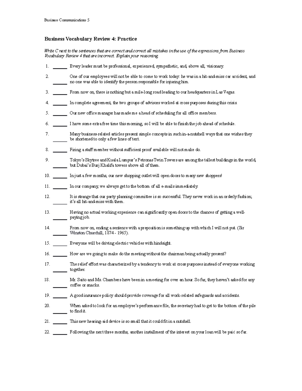 Business Vocabulary Activity 4 - Business Communications 5 Business ...