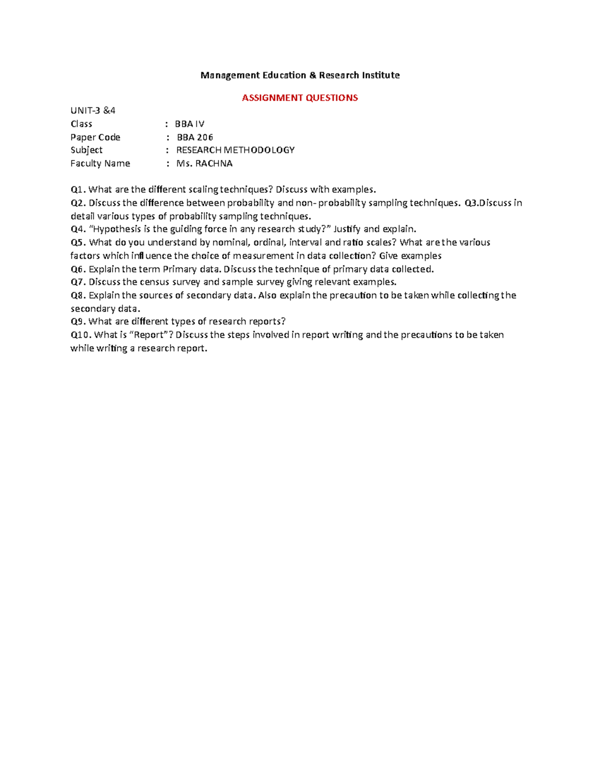 Research Methodology Assignment solutions for BBA GGSIPU - Management ...