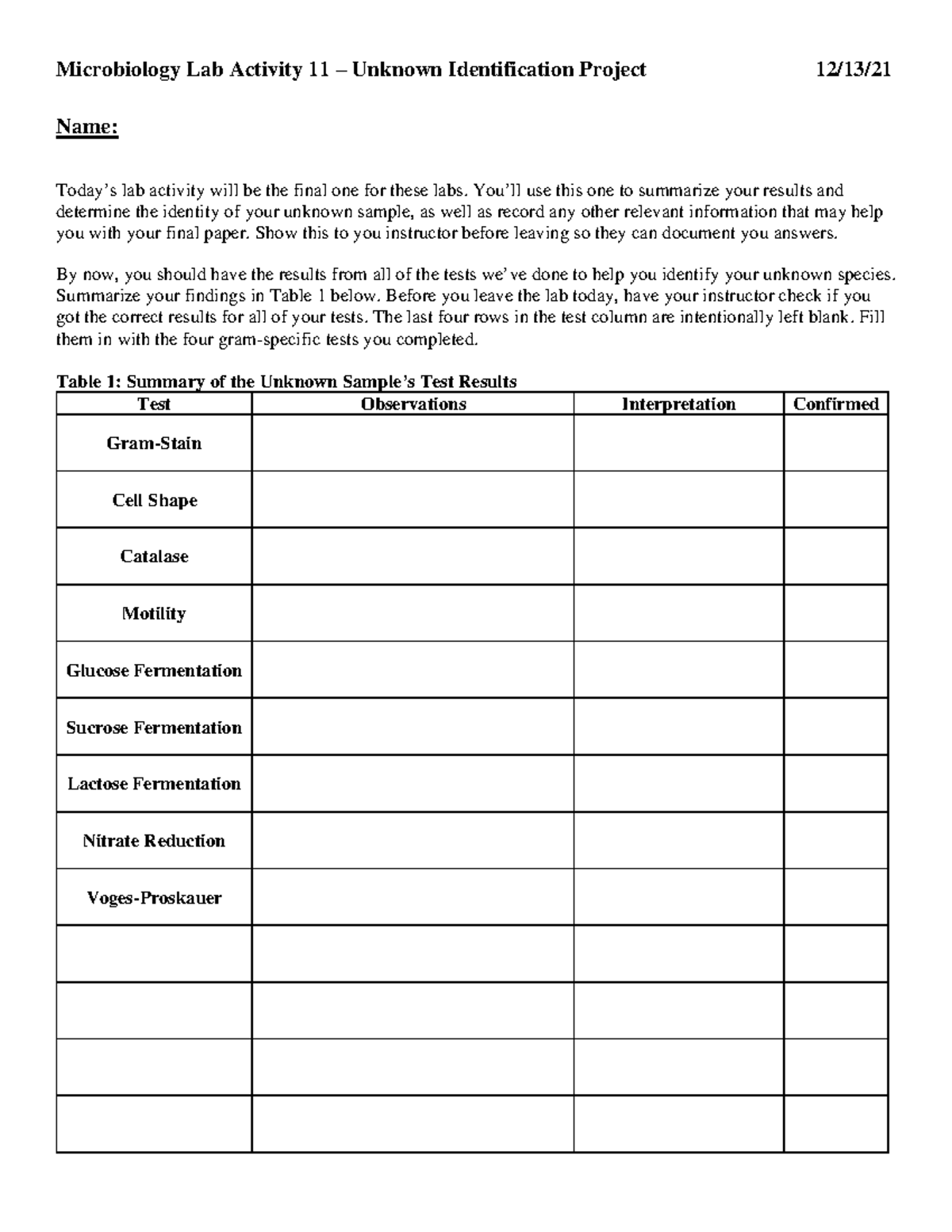 Final Lab activity for Unknown Project - Microbiology Lab Activity 11 ...