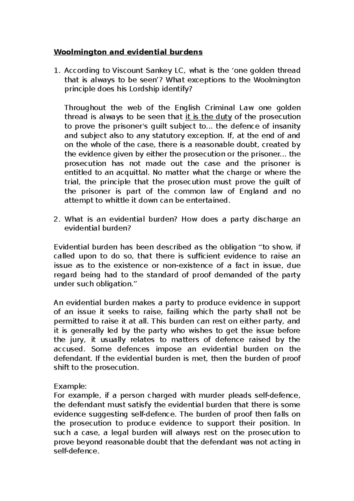 Week 2 problem question - Woolmington and evidential burdens According ...