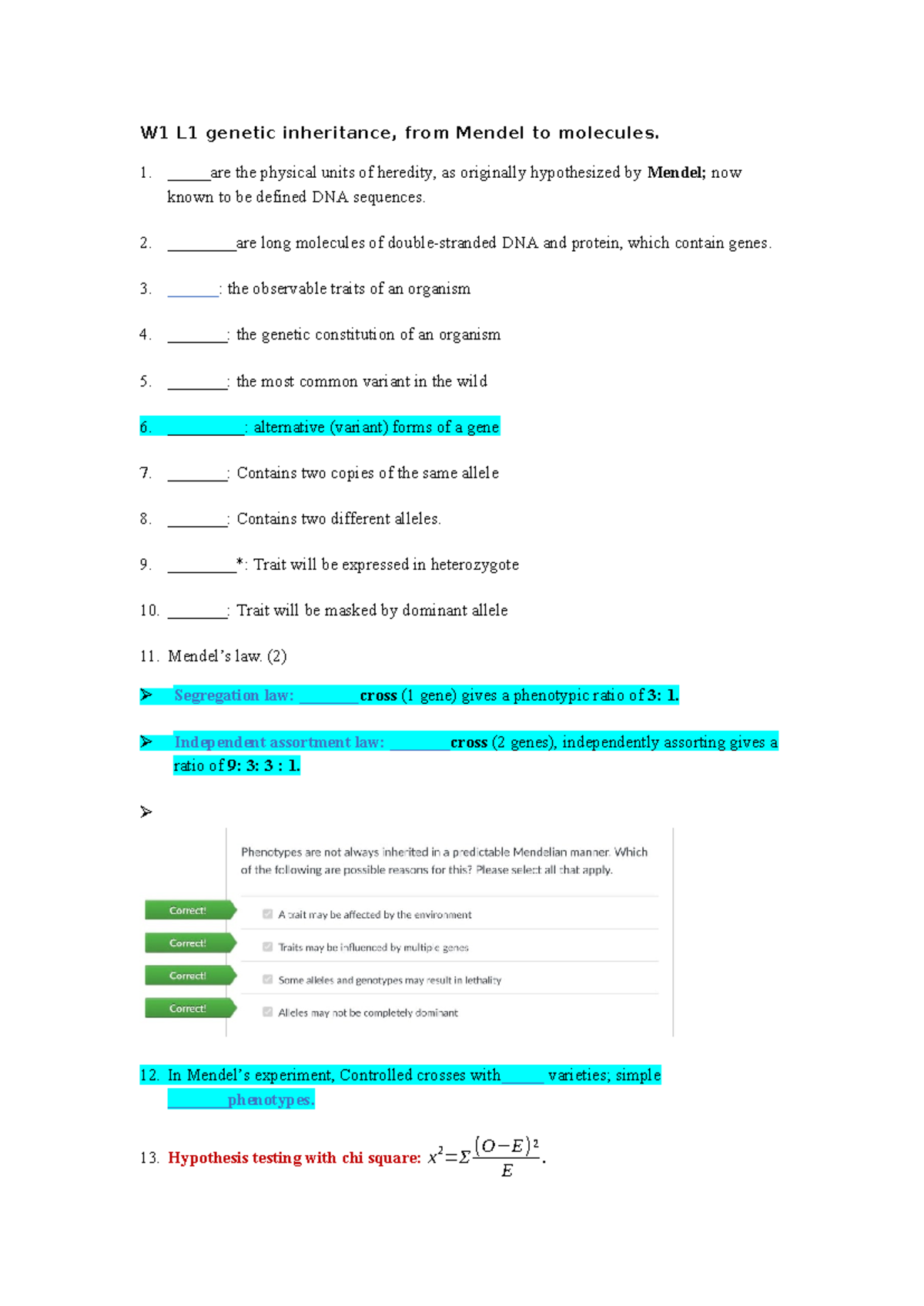 Gen review (final exam and assessment) - W1 L1 genetic inheritance ...