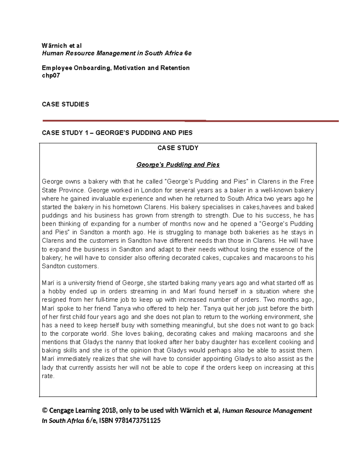 Case study Ch7 2024 - Wärnich et al Human Resource Management in South Africa 6e Employee - Studocu
