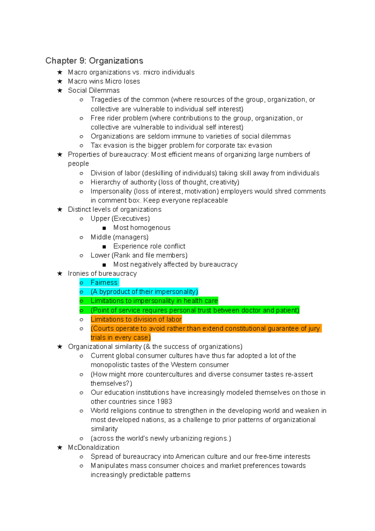 Socio chapter 9 - Chapter 9: Organizations ★ Macro organizations vs ...