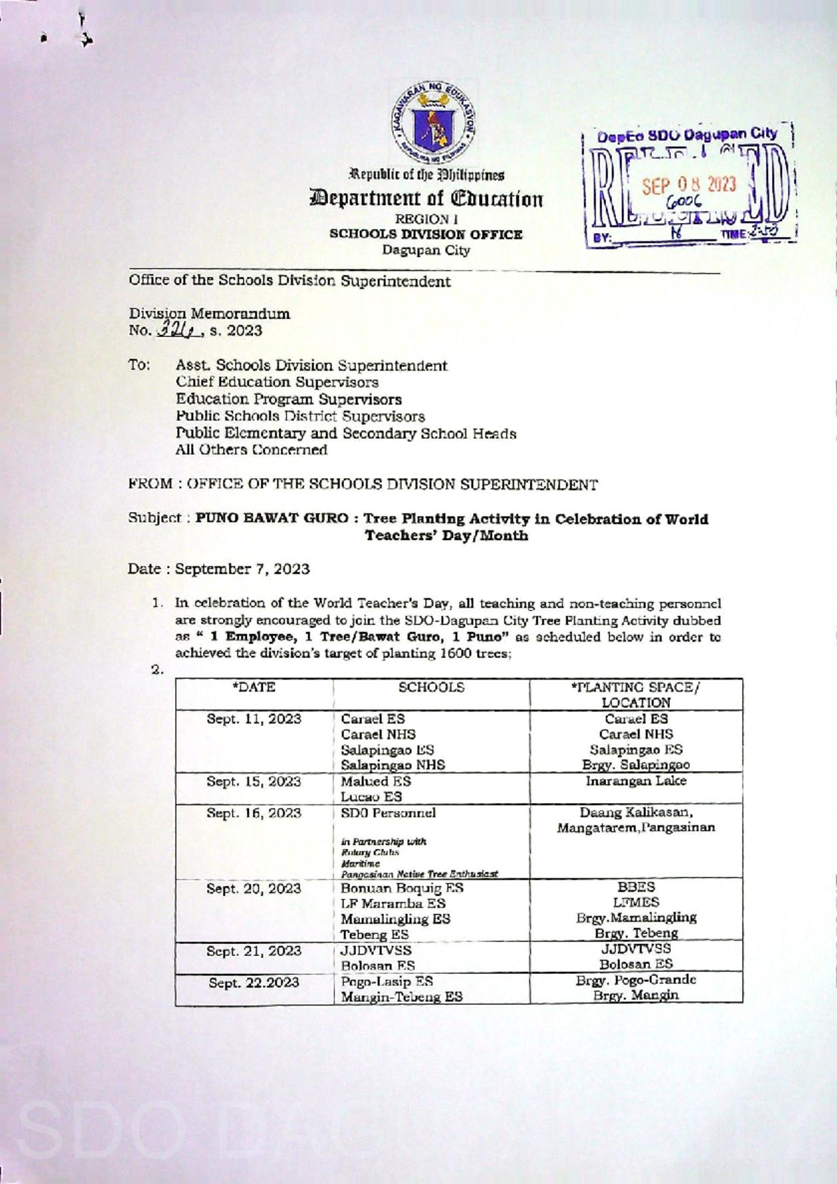 DIV MEMO NO326 s2023 PUNO Bawat GURO TREE Planting Activity IN ...
