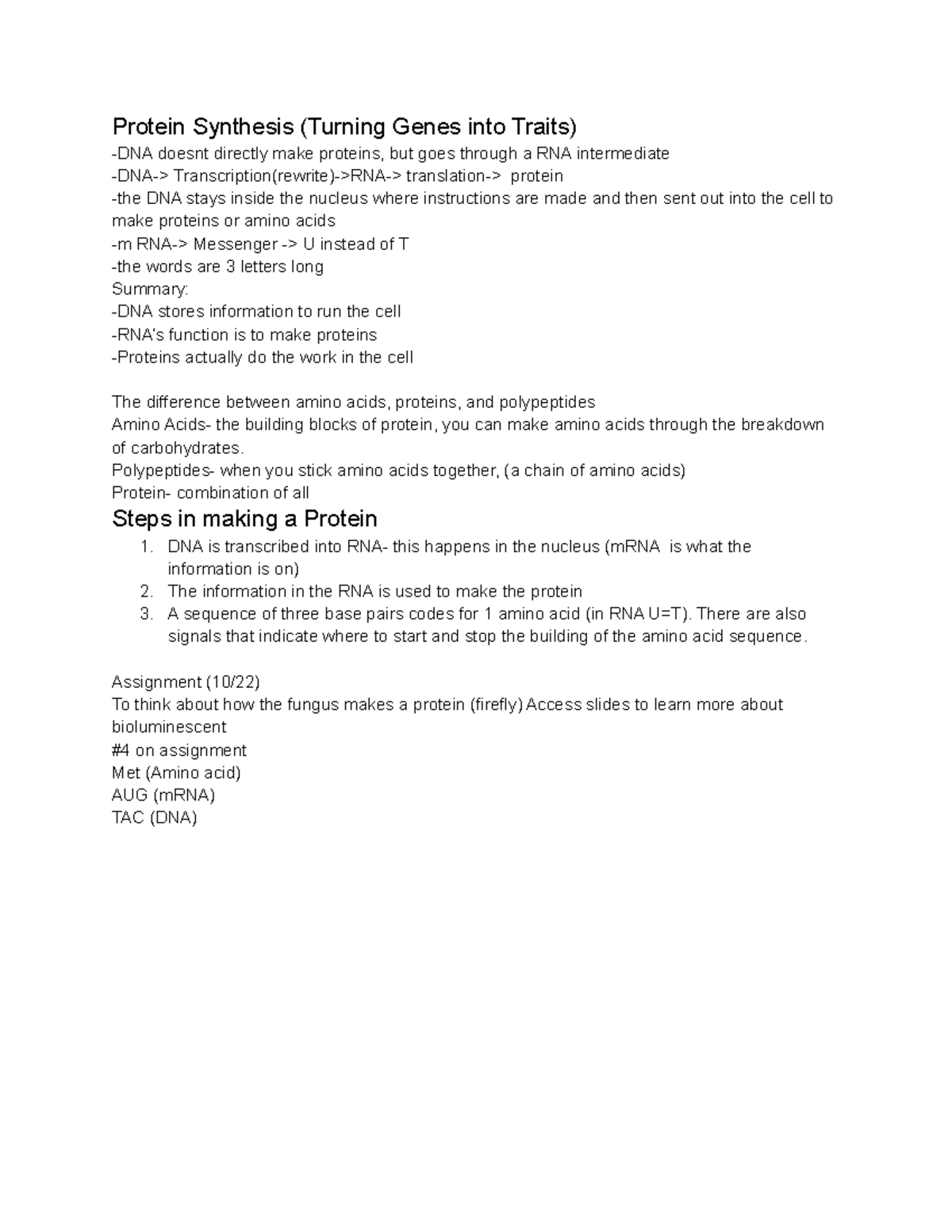 Protein Synthesis - Lecture notes Week 8 lectures - BIOL 1012 - UNI ...