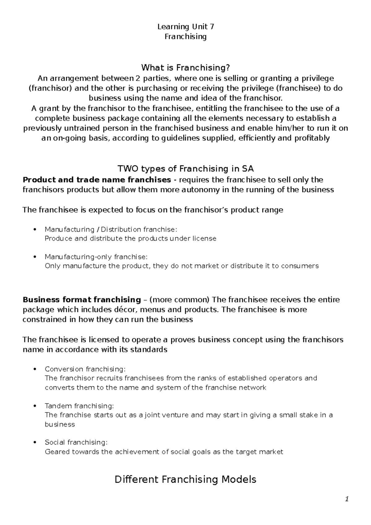 Learning Unit 7 - These business management summaries will assist you ...