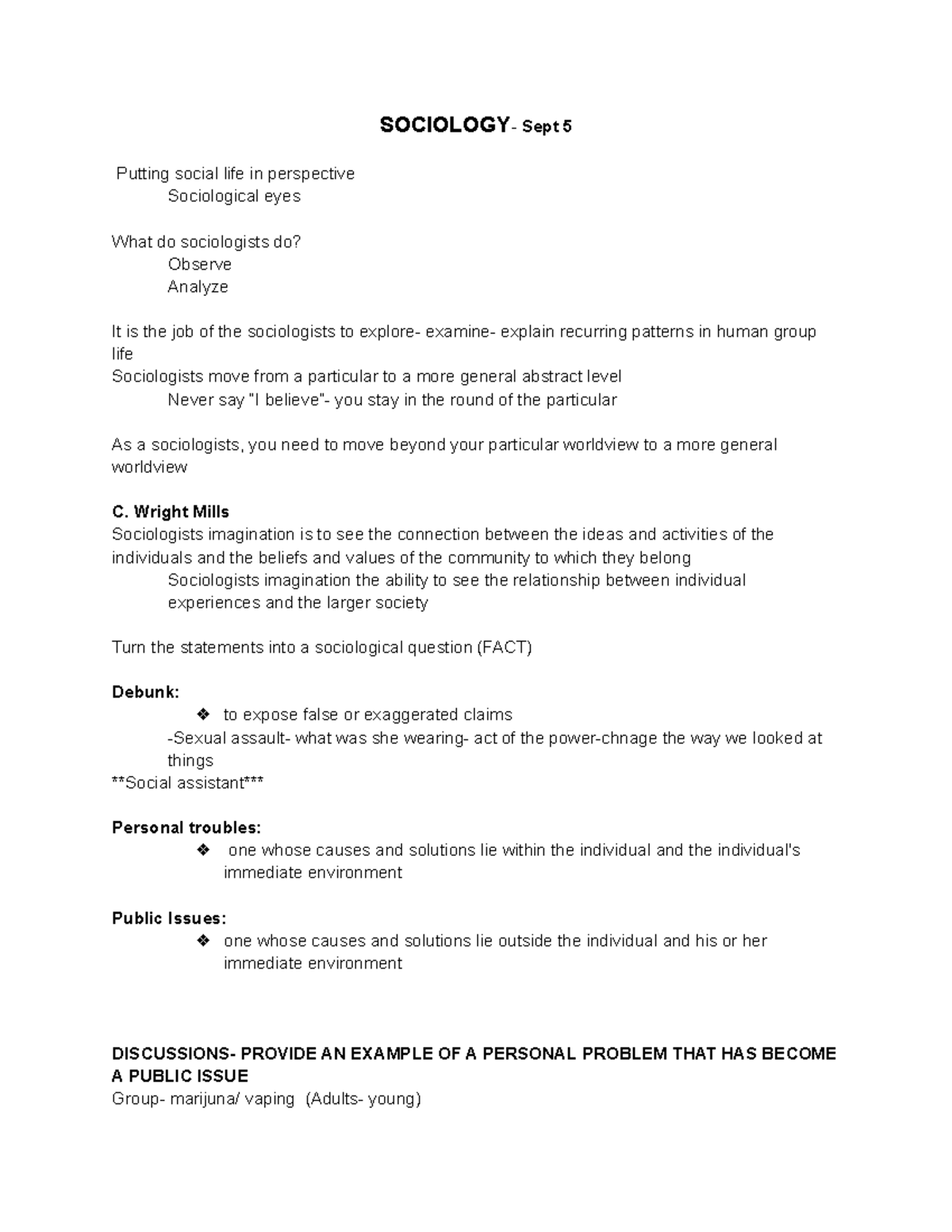 Sociology Notes - SOCIOLOGY- Sept 5 Putting social life in perspective ...