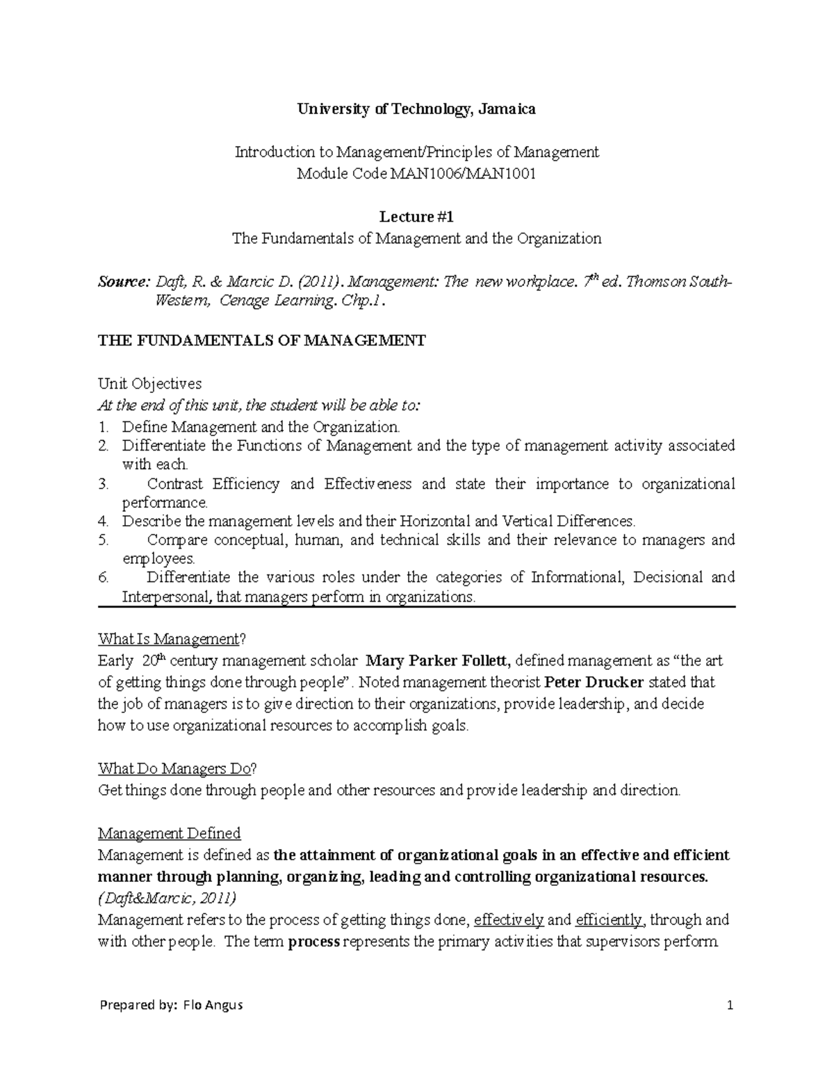 Fundamentals of Management - Unit 1 Lecture Notes - University of ...