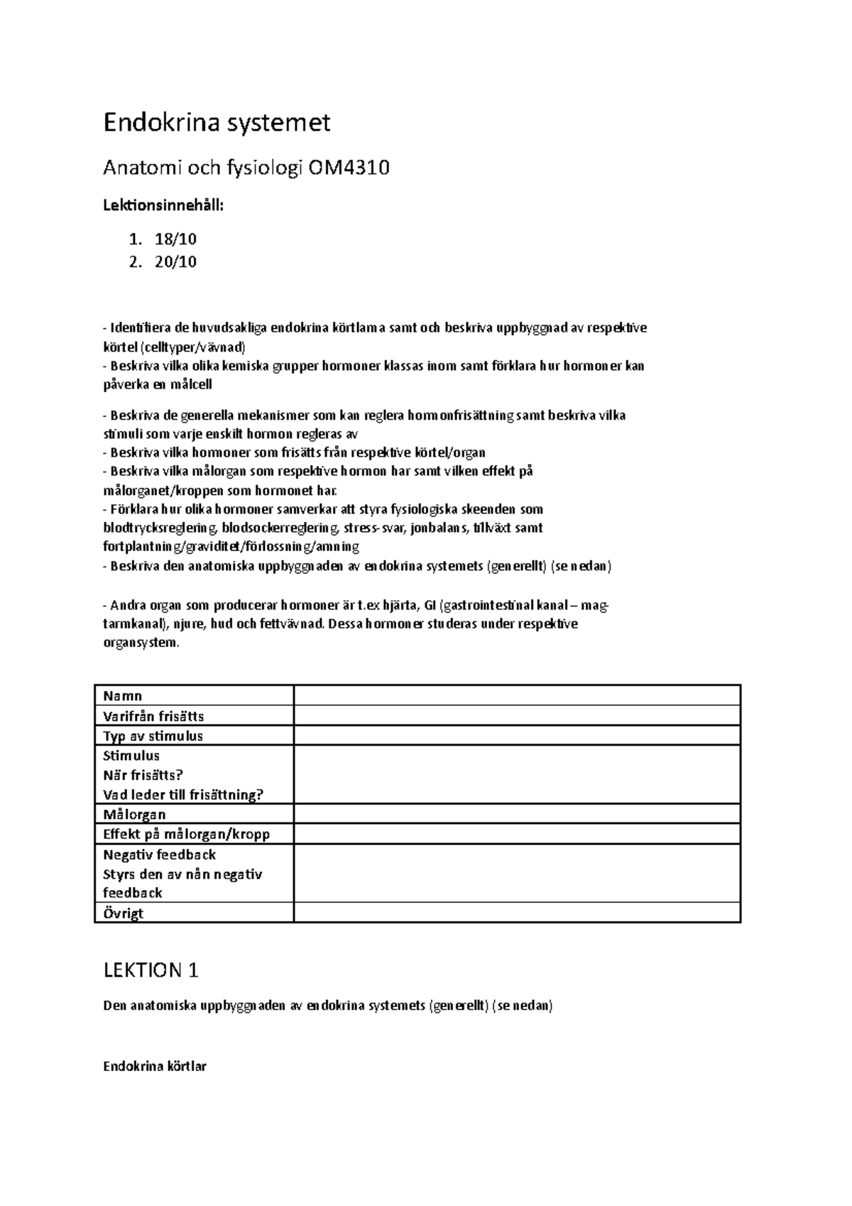 Endokrina Systemet, Studiehandledning, anatomi och fysiologi ...