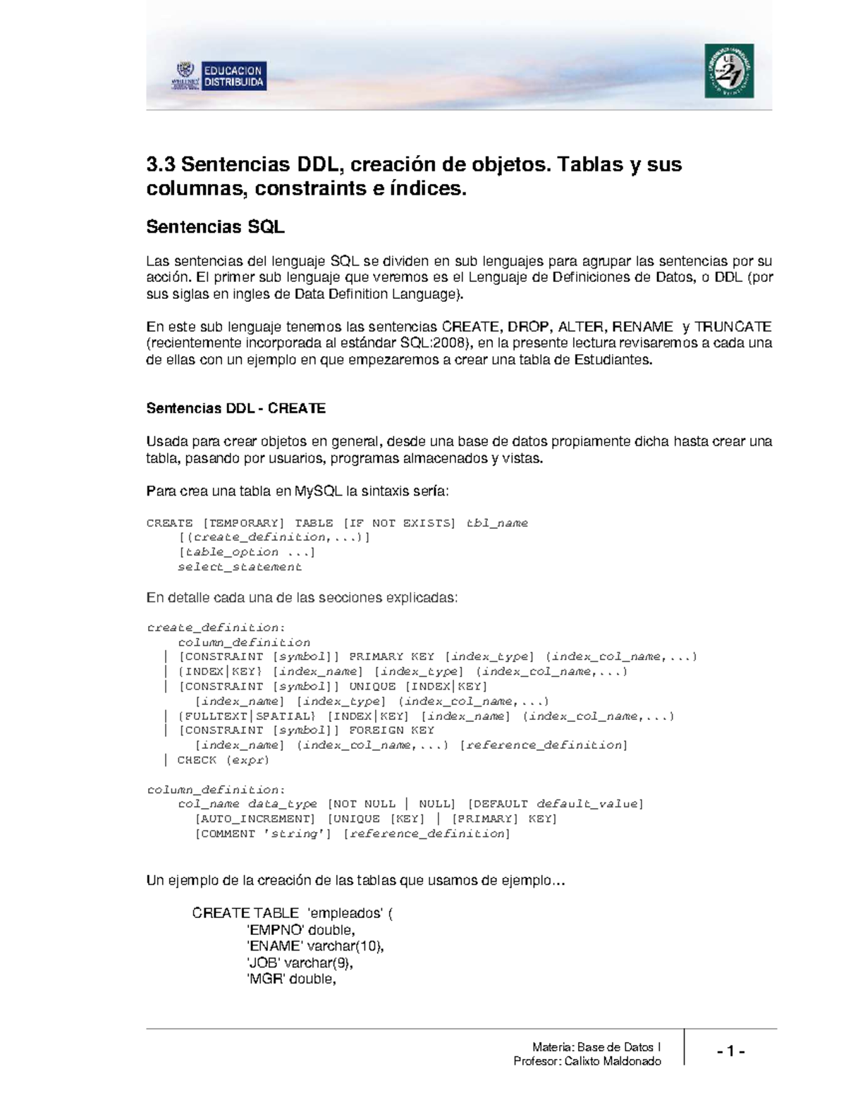 Lectura 17 - Sentencias DDL, creación de objetos - Materia: Base de ...
