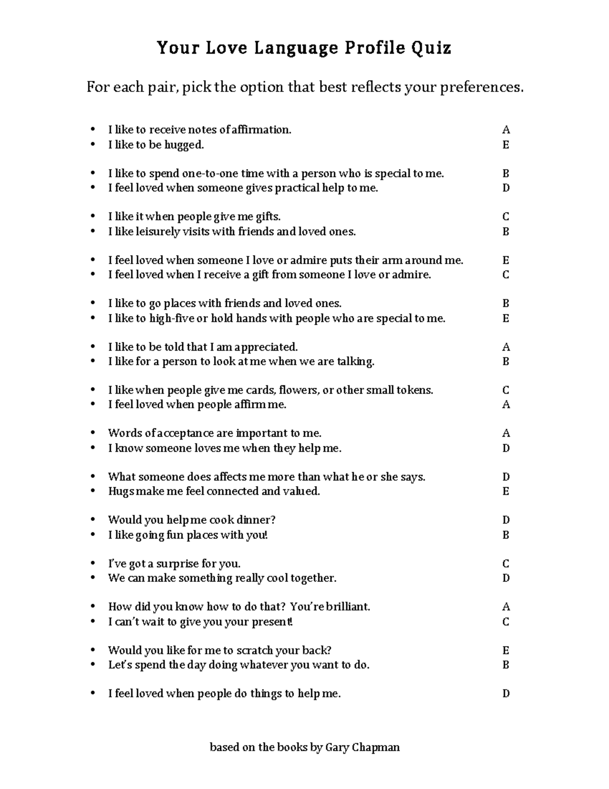 Love-Language-Quiz - For each pair, pick the option that best reflects ...