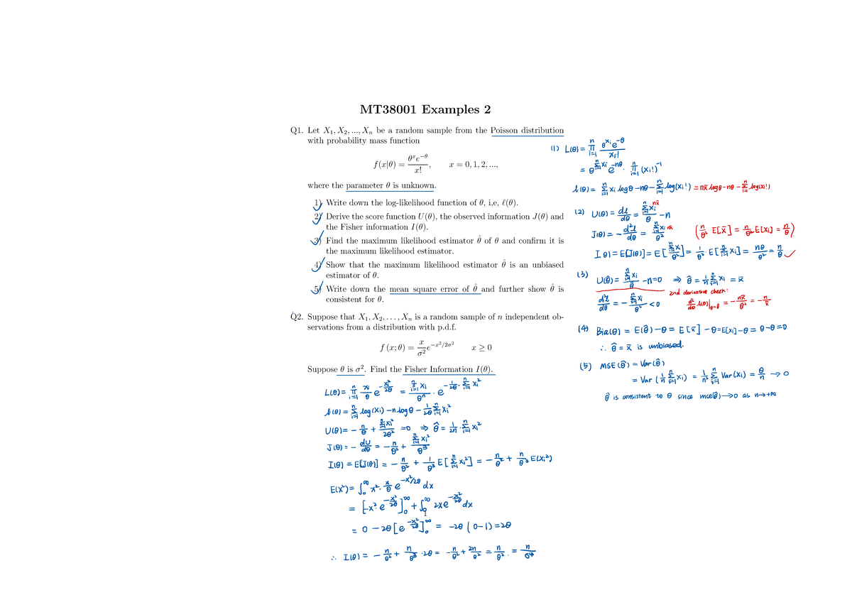 MATH30081 Statistical Methods sheet 2 - MT38001 Examples 2 Q1. Let X 1 ...