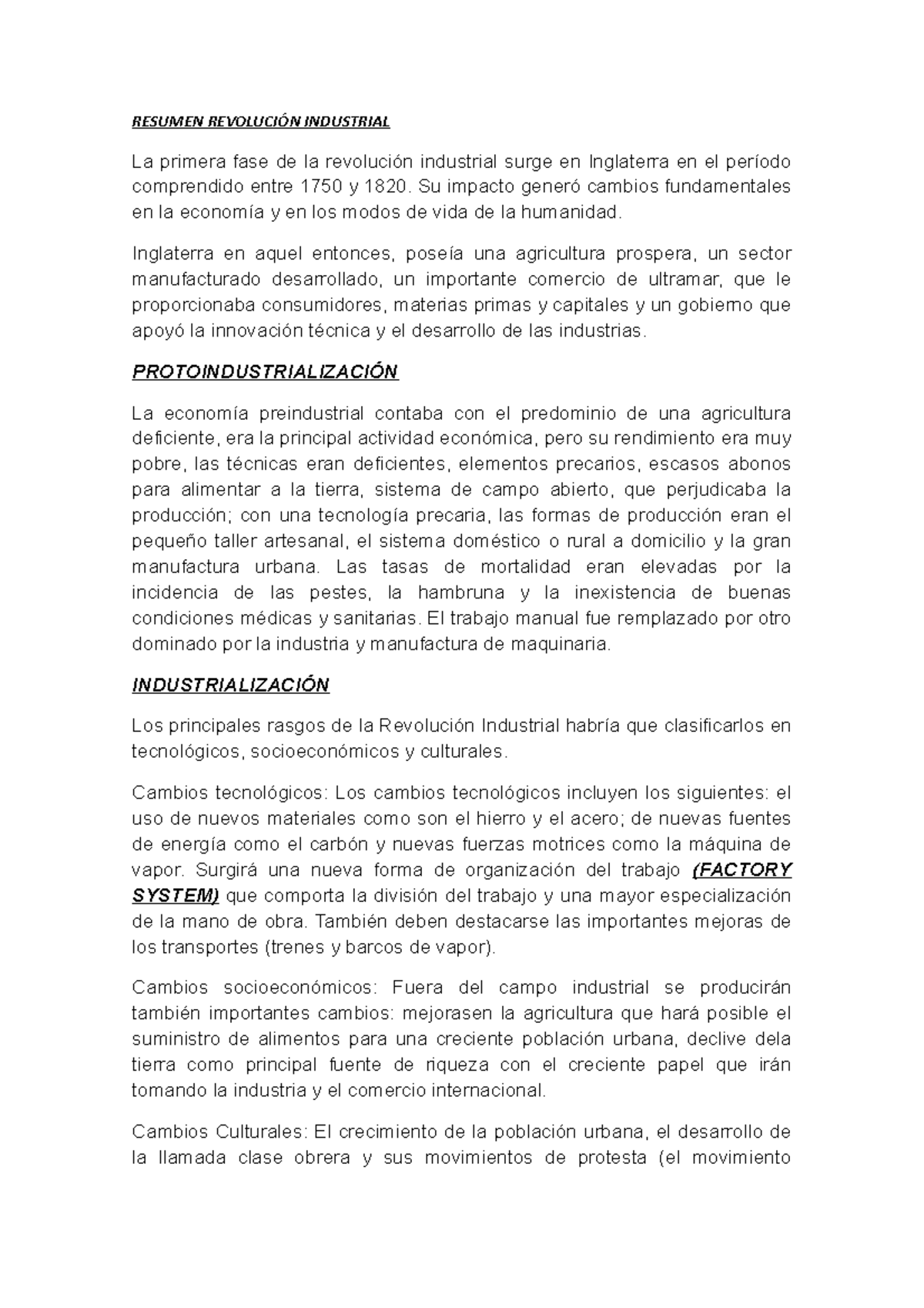 Resumen Revolución Industrial - RESUMEN REVOLUCIÓN INDUSTRIAL La ...
