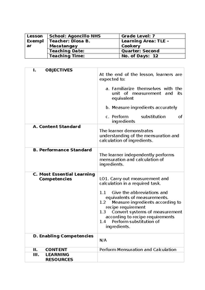 Cookery 7-WEEK 5 - DLL - GRADE 1 to 12 DAILY LESSON LOG School BECURAN ...