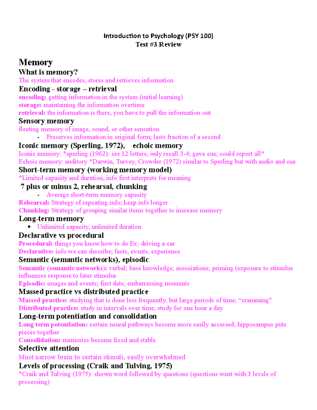 PSY100 Test3Review-2 - Introduction to Psychology (PSY 100) Test #3 ...