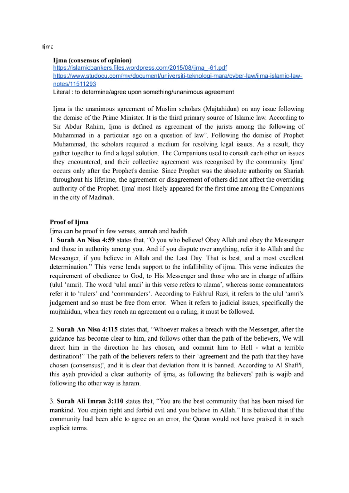 Ijma - enjoy - Ijma Ijma (consensus of opinion) Literal : to upon ...