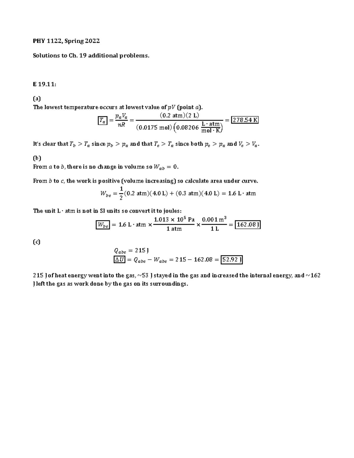 Chapter 19 - Addn problems solutions - PHY 1122, Spring 2022 Solutions to Ch. 19 additional ...