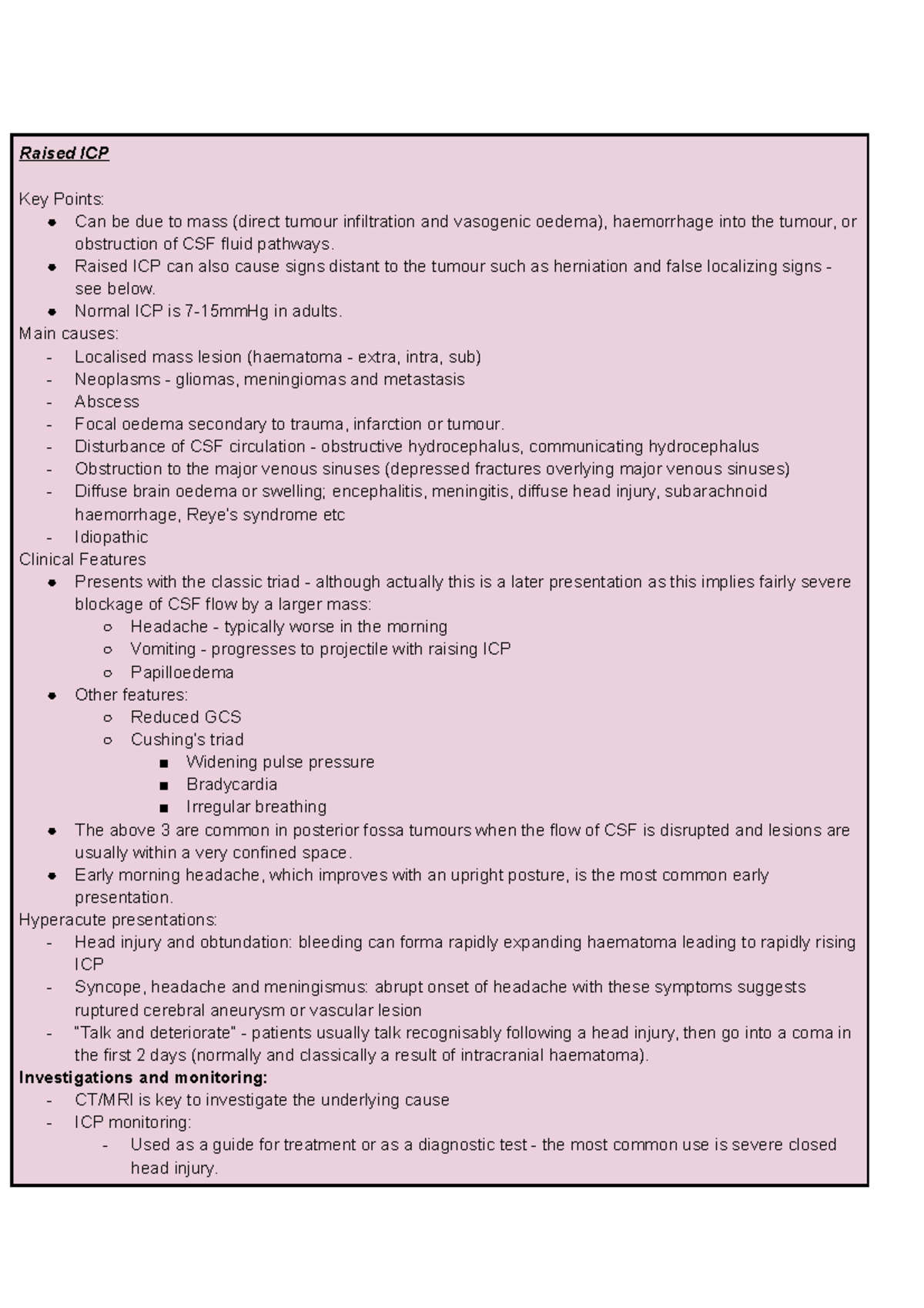 Raised ICP - Clinical Points - Raised ICP Key Points: Can be due to ...