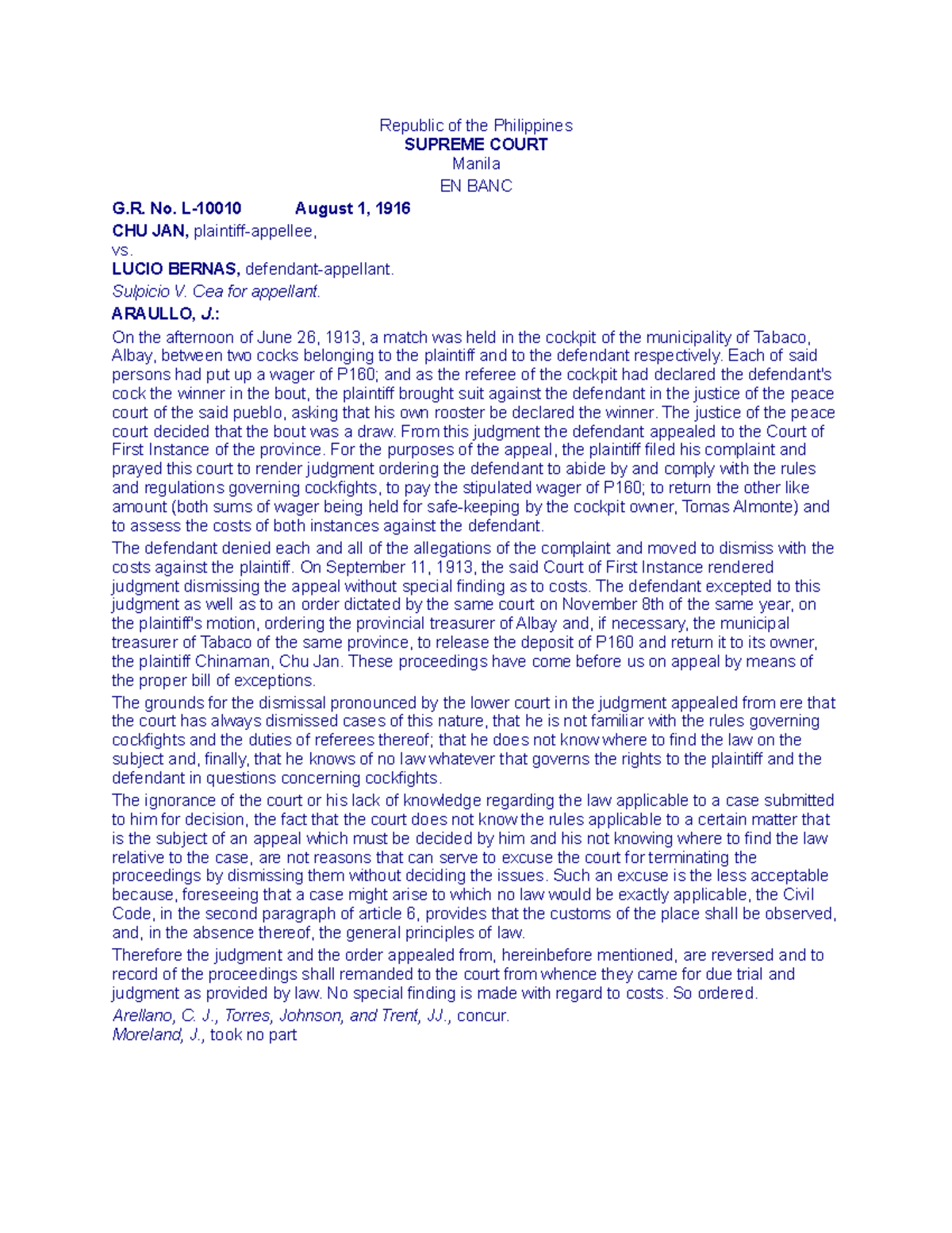 Chu Jan vs. Bernas, 34 Phil 631 (1916 - Republic of the Philippines ...